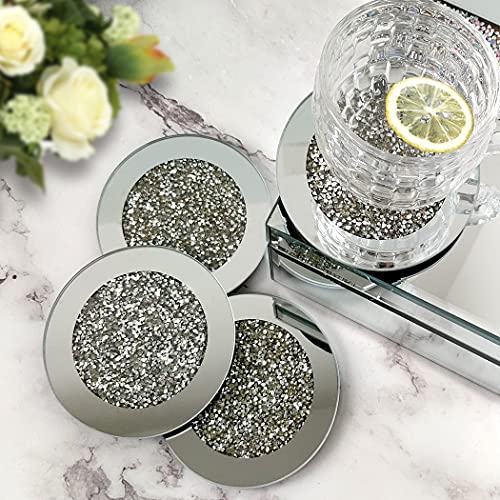 GIMORRTO Glass Mirrored Coaster 4 PC , Crushed Diamond Round 4" Cup Mat Decor on Tabletop for Bar Tools Dining Table