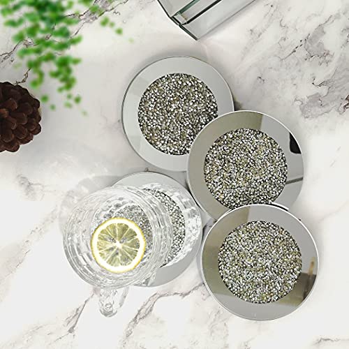 GIMORRTO Glass Mirrored Coaster 4 PC , Crushed Diamond Round 4" Cup Mat Decor on Tabletop for Bar Tools Dining Table