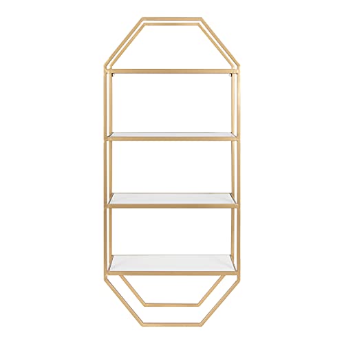 Kate and Laurel Adela Modern Octagon Wall Shelf, 18.25 x 7.5 x 41, White and Gold, Glam 4-Tier Shelf for Storage and Display