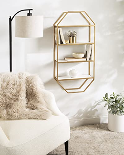 Kate and Laurel Adela Modern Octagon Wall Shelf, 18.25 x 7.5 x 41, White and Gold, Glam 4-Tier Shelf for Storage and Display