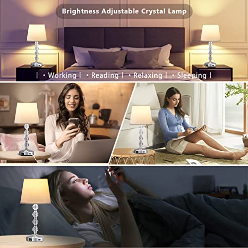 Crystal Lamp with USB Port - Touch Control Table Lamp for Bedroom 3 Way Dimmable Nightstand Bedside Lamp with White Fabric Shade, 17” Small Lamps for Living Room, Dorm, Home,Office(LED Bulb Included)