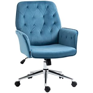 vinsetto modern mid-back tufted velvet home office desk chair with adjustable height, swivel adjustable task chair with padded armrests, blue