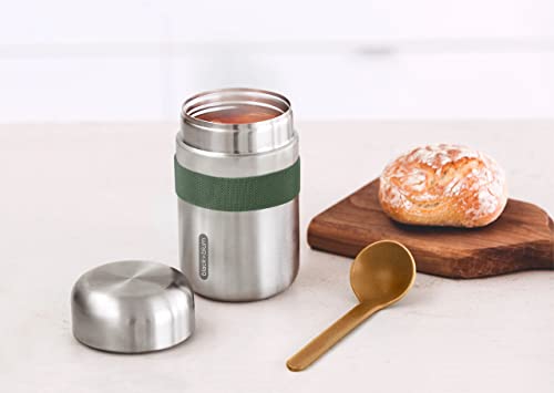 BLACK + BLUM Vacuum Food Flask Leak Proof Insulated Stainless-Steel Lunch Container with Ladle Spoon Ideal for Hot and Cold Food, 400 ml / 13.5 fl oz, Olive