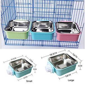 Crate Dog Bowl, Removable Stainless Steel Water Food Feeder Bowls Hanging Pet Cage Bowl Cage Coop Cup for Dogs Cats Puppy Rabbits Bird and Small Pets (Large (Pack of 2), Square (Green+Pink))