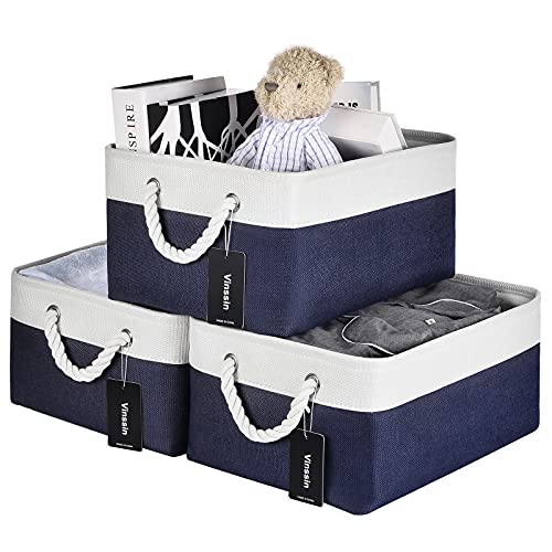 Vissin Large Storage Baskets, Foldable blue Basket with Cotton Handles, Canvas Fabric Storage Bins for Organizing,Cupboards, Shelves, Clothes, Toys, Towel, (blue+White,1 Pack)