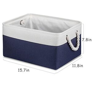 Vissin Large Storage Baskets, Foldable blue Basket with Cotton Handles, Canvas Fabric Storage Bins for Organizing,Cupboards, Shelves, Clothes, Toys, Towel, (blue+White,1 Pack)