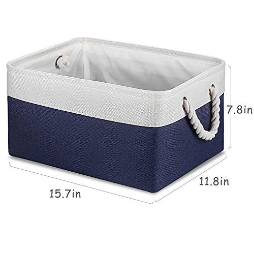 Vissin Large Storage Baskets, Foldable blue Basket with Cotton Handles, Canvas Fabric Storage Bins for Organizing,Cupboards, Shelves, Clothes, Toys, Towel, (blue+White,1 Pack)