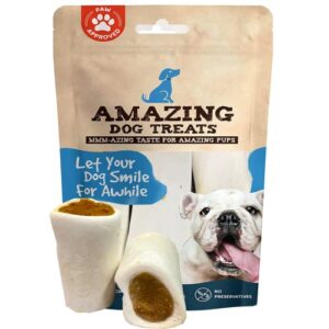 amazing dog treats - stuffed shin bone for dogs (peanut butter, 3-4 inch - 5 count) - all natural dog bones