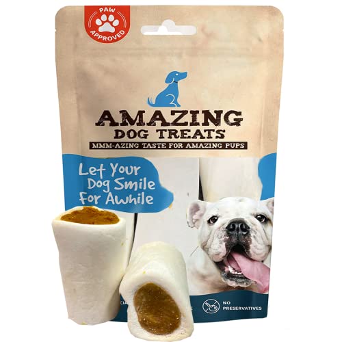 Amazing Dog Treats - Stuffed Shin Bone for Dogs (Peanut Butter, 3-4 Inch - 5 Count) - All Natural Dog Bones