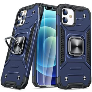 jame case for iphone 12 pro case, for iphone 12 case with [tempered-glass screen protector 2pcs], military grade protection, with ring kickstand, protective case for iphone 12/12 pro 6.1” blue