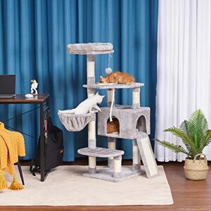 Heybly Cat Tree Cat Tower for Indoor Cats Multi-Level Cat Furniture Condo with Feeding Bowl and Scratching Board Light Gray HCT010W