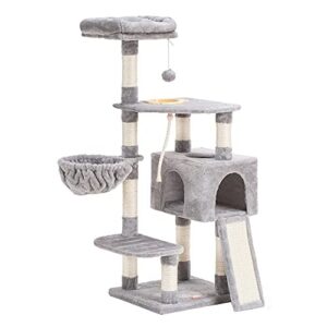 Heybly Cat Tree Cat Tower for Indoor Cats Multi-Level Cat Furniture Condo with Feeding Bowl and Scratching Board Light Gray HCT010W