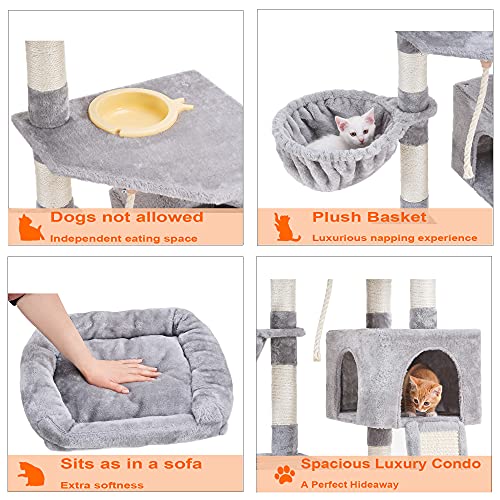 Heybly Cat Tree Cat Tower for Indoor Cats Multi-Level Cat Furniture Condo with Feeding Bowl and Scratching Board Light Gray HCT010W