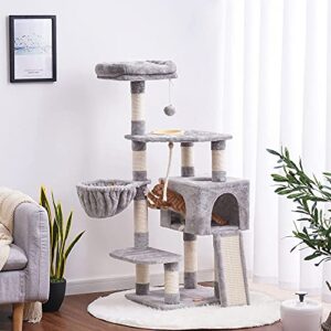 Heybly Cat Tree Cat Tower for Indoor Cats Multi-Level Cat Furniture Condo with Feeding Bowl and Scratching Board Light Gray HCT010W