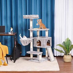 Heybly Cat Tree Cat Tower for Indoor Cats Multi-Level Cat Furniture Condo with Feeding Bowl and Scratching Board Light Gray HCT010W