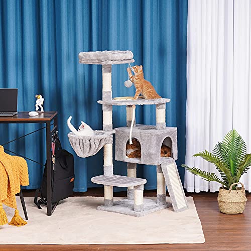 Heybly Cat Tree Cat Tower for Indoor Cats Multi-Level Cat Furniture Condo with Feeding Bowl and Scratching Board Light Gray HCT010W