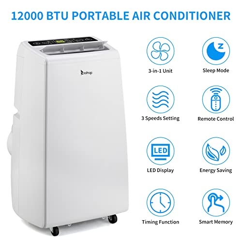 ROVSUN 12,000 BTU 3-in-1 Portable Air Conditioner, Dehumidifier, Fan, for Rooms up to 450 Sq Ft. Floor AC with Remote Control & Rolling Wheels & Window Installation Kit