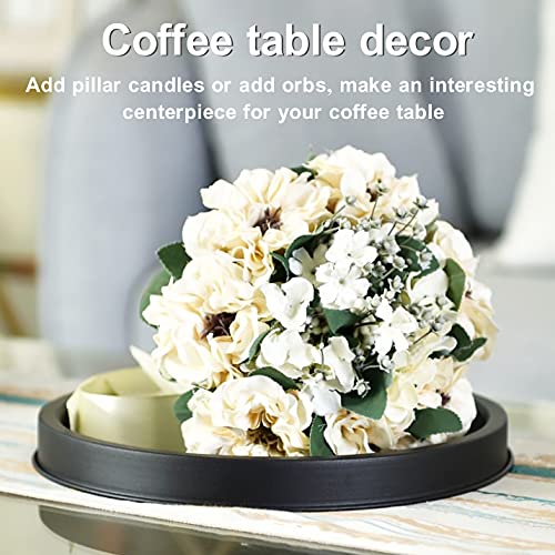 HUANGXIN 11.5'' Round Serving Tray Black Decorative Holder Iron Farmhouse Trays Home Decor Table Centerpiece for Coffee Kitchen Dining Room Indoor Outdoor Rustic Platter