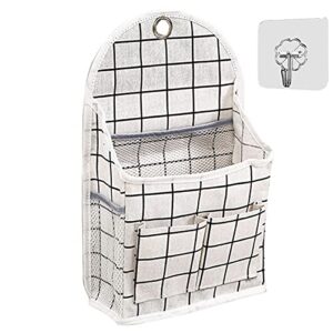 wall hanging storage bag, waterproof over the door closet organizer hanging pocket linen cotton organizer box containers for bedroom, bathroom, kitchen, office (black grid)