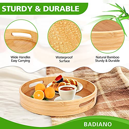 Pack of 2 Bamboo Serving Trays with Handles, Round Decorative Wooden Serve Ware 10" & 12", Fruit and Snacks Platter for Coffee Table, Bedroom, Rustic Teaboard Kitchen Counter