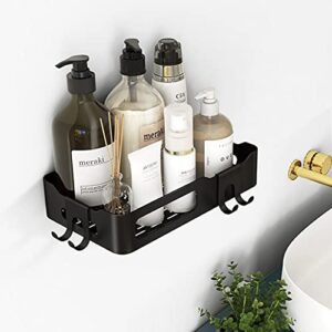 Shower Caddy Stainless Steel Wall-Mounted Storage Rack, with 6 Hooks. Perforation Free, Adhere in Kitchen or Bathroom. Simple Installation, Convenient Use, and Large Capacity.