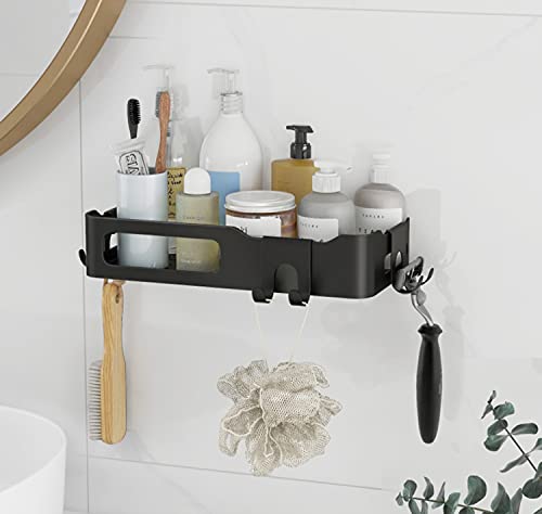 Shower Caddy Stainless Steel Wall-Mounted Storage Rack, with 6 Hooks. Perforation Free, Adhere in Kitchen or Bathroom. Simple Installation, Convenient Use, and Large Capacity.