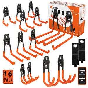 kofani garage hooks, 16 pack steel heavy duty garage storage hooks with anti-slip coating, utility garage wall mount hooks for hanging bike, ladder and garden tools