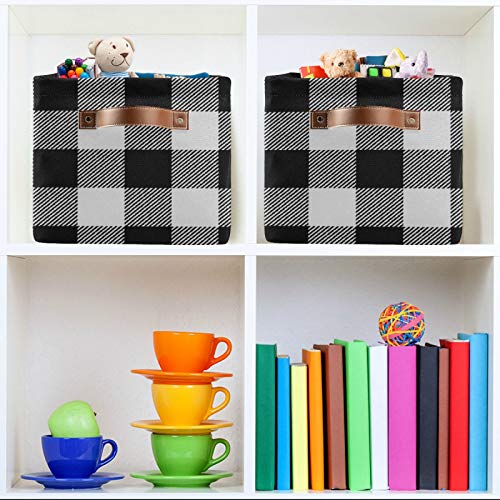 Nander Large Foldable Storage Bin Rectangle Waterproof Storage Basket Cube with PU Handles for Organizing Nursery Home Closet & Office - White Black Buffalo Plaid, 2 Pack