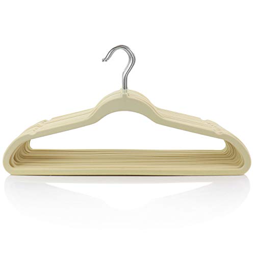 Elama 100 Piece Set of Velvet Slim Profile Heavy Duty Felt Hangers with Stainless Steel Swivel Hooks in Cream