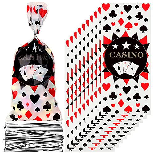 100 Pieces Casino Themed Cellophane Bags Poker Party Treat Bags Las Vegas Party Plastic Candy Bags with 150 Pieces Silver Twist Ties for Chocolate Candy Snacks Cookies Casino Themed Party Supplies