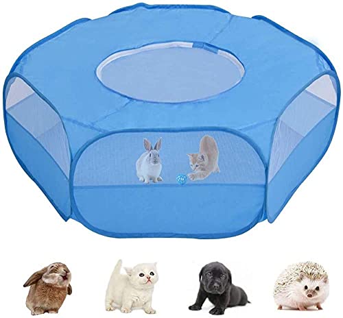 M MAIUS Small Animal Playpen, Pet Cage with Top Cover Anti Escape, Waterproof Small Animal Cage Transparent Yard Fence for Dog Cat Bunny Puppy Rabbits Guinea Pig Hamster Chinchillas Playpen (New Blue)