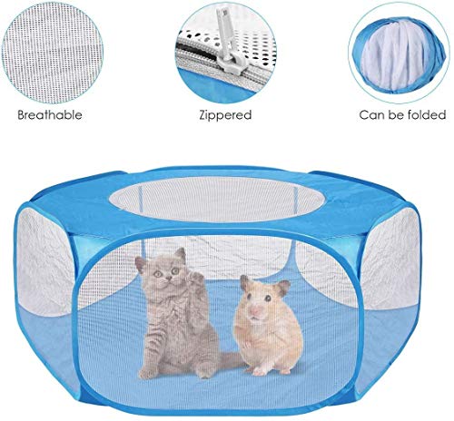 M MAIUS Small Animal Playpen, Pet Cage with Top Cover Anti Escape, Waterproof Small Animal Cage Transparent Yard Fence for Dog Cat Bunny Puppy Rabbits Guinea Pig Hamster Chinchillas Playpen (New Blue)