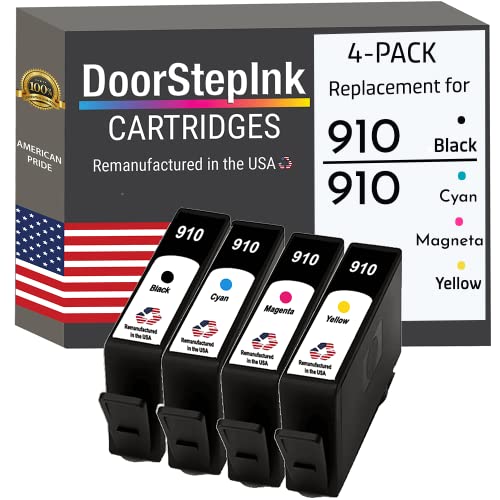 DoorStepInk Remanufactured in The USA Ink Cartridge Replacements for HP 910 Black Cyan Magenta Yellow 4 Pack for Printers Officejet Pro 8010 Series 8012 8014 8015 8020 8021 8022 8025