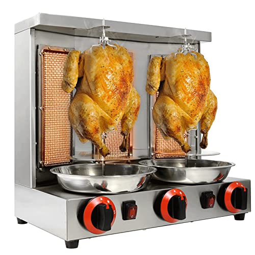 XGN Shawarma Machine 3 Burners Kebab Grill Vertical Rotisserie with 2 Auto Spinning spits for Meat Rotisserie, Chicken Roast, Silver