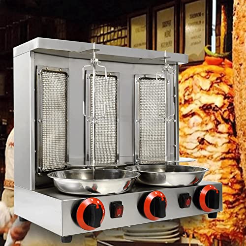 XGN Shawarma Machine 3 Burners Kebab Grill Vertical Rotisserie with 2 Auto Spinning spits for Meat Rotisserie, Chicken Roast, Silver