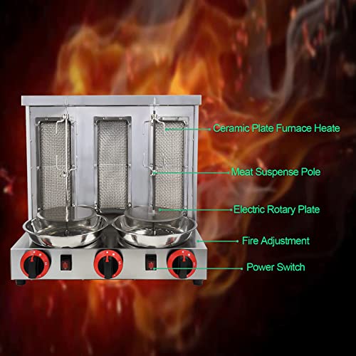 XGN Shawarma Machine 3 Burners Kebab Grill Vertical Rotisserie with 2 Auto Spinning spits for Meat Rotisserie, Chicken Roast, Silver