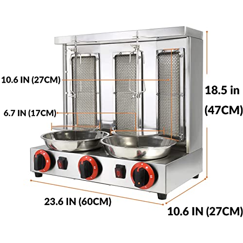 XGN Shawarma Machine 3 Burners Kebab Grill Vertical Rotisserie with 2 Auto Spinning spits for Meat Rotisserie, Chicken Roast, Silver