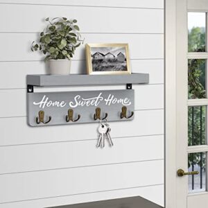 buways Wall-Mounted Key and Mail Holder, Wooden Key Rack with 4 Double Key Hooks, Rustic Home Decor for Entryway(Gray)