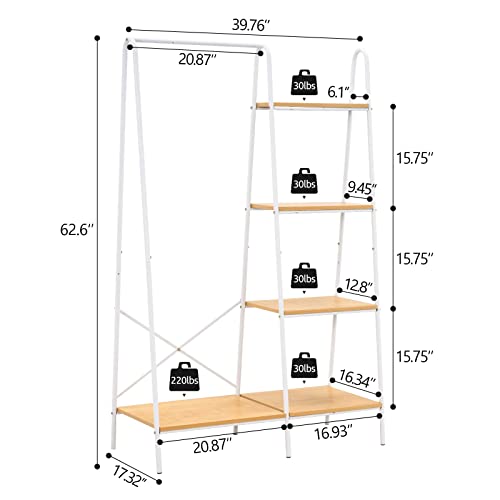 YOUDENOVA Clothes Rack with Shelves, Clothing Rack for Hanging Clothing, Heavy Duty Closet Rack with 4-Tier Wood Shelves, White Garment Rack