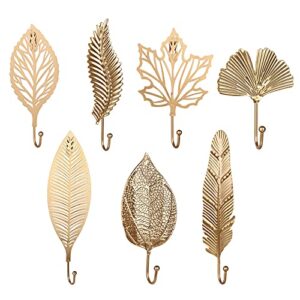 oryougo set of 7 decorative leaves iron hooks extra large plant modern key holder wall mounted gold single prong coat hanger for hallways, living room