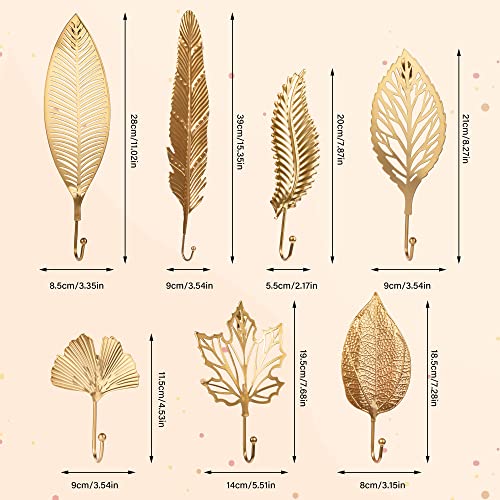 ORYOUGO Set of 7 Decorative Leaves Iron Hooks Extra Large Plant Modern Key Holder Wall Mounted Gold Single Prong Coat Hanger for Hallways, Living Room