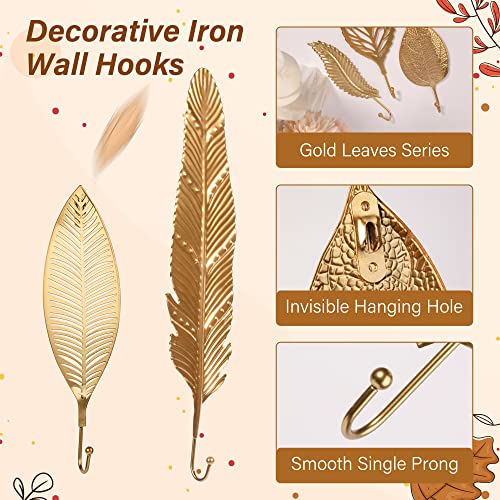 ORYOUGO Set of 7 Decorative Leaves Iron Hooks Extra Large Plant Modern Key Holder Wall Mounted Gold Single Prong Coat Hanger for Hallways, Living Room