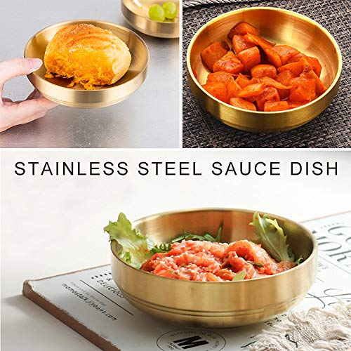 4 PCS Large Double Deck Stainless Steel Sauce Dish, Round Condiment Tray, Sauce Plate, Sushi Dipping Bowls, (4 PCS)