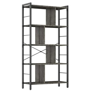 armocity bookshelf, 5 tier tall modern bookcase wood metal frame standing book shelf, display bookshelves storage organizer for bedroom living room home office, grey