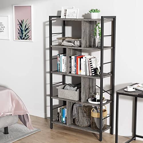 armocity Bookshelf, 5 Tier Tall Modern Bookcase Wood Metal Frame Standing Book Shelf, Display Bookshelves Storage Organizer for Bedroom Living Room Home Office, Grey