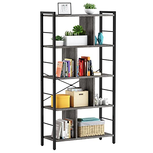 armocity Bookshelf, 5 Tier Tall Modern Bookcase Wood Metal Frame Standing Book Shelf, Display Bookshelves Storage Organizer for Bedroom Living Room Home Office, Grey