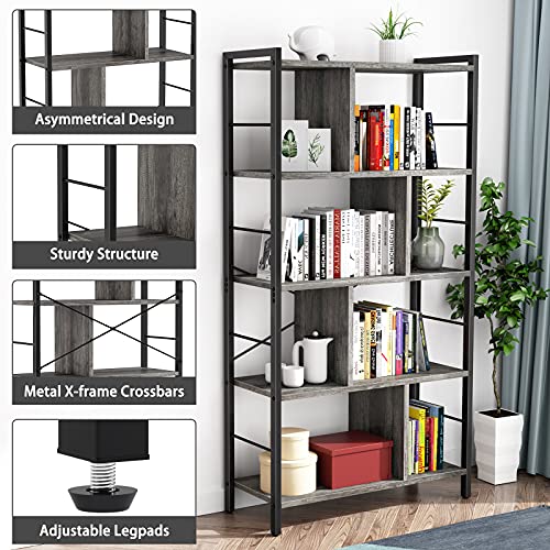 armocity Bookshelf, 5 Tier Tall Modern Bookcase Wood Metal Frame Standing Book Shelf, Display Bookshelves Storage Organizer for Bedroom Living Room Home Office, Grey