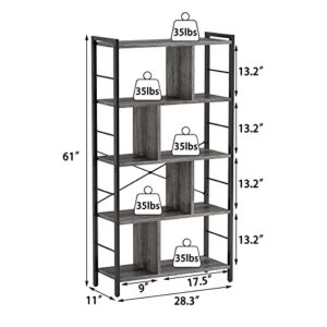 armocity Bookshelf, 5 Tier Tall Modern Bookcase Wood Metal Frame Standing Book Shelf, Display Bookshelves Storage Organizer for Bedroom Living Room Home Office, Grey