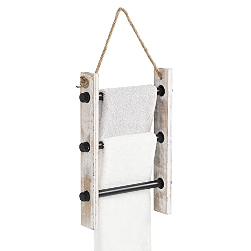 MyGift 3-Tiered Hanging Hand Towel Rack Ladder, Wall Mounted Whitewashed Wood and Industrial Pipe Bathroom Storage Towel Holder with Rope