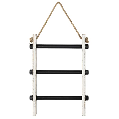 MyGift 3-Tiered Hanging Hand Towel Rack Ladder, Wall Mounted Whitewashed Wood and Industrial Pipe Bathroom Storage Towel Holder with Rope